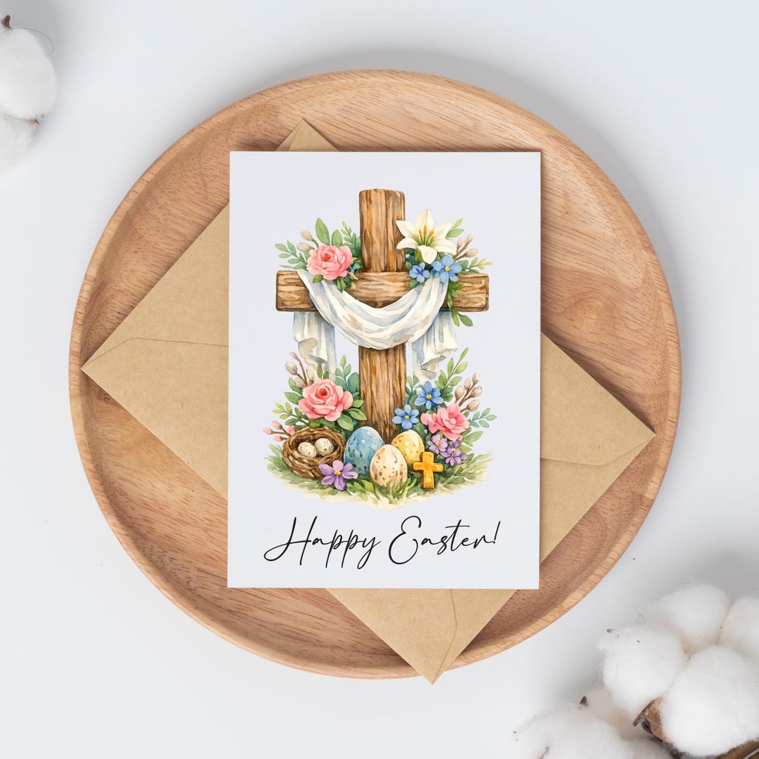 Watercolor Easter Cross Card – Christian Happy Easter Greeting – Floral ...