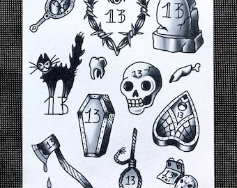 FRIDAY THE 13TH Traditional Tattoo Flash Sheet - Etsy