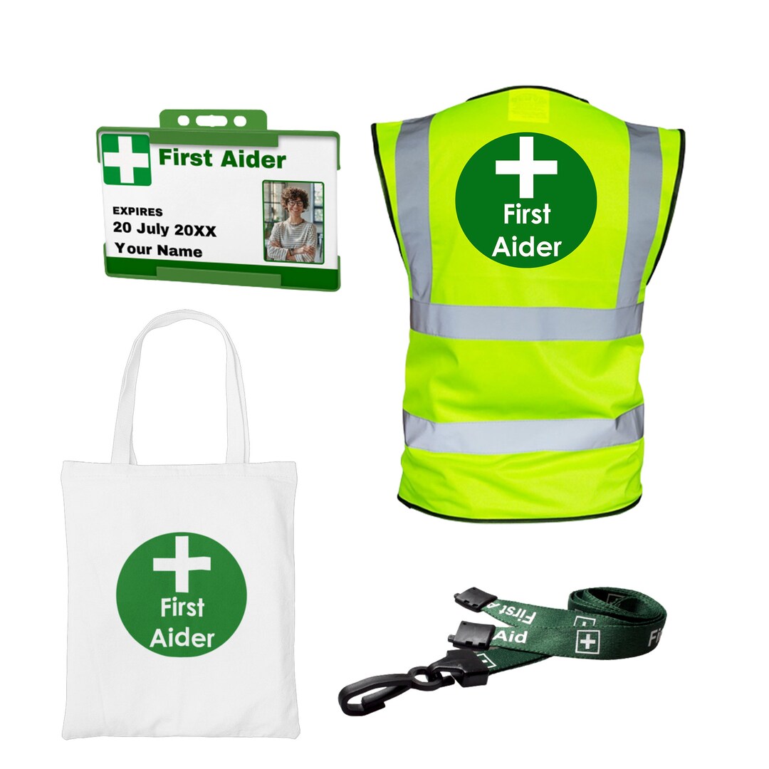 Personalized First Aider ID and Essentials Kit Hi-vis Vest, Lanyard ...