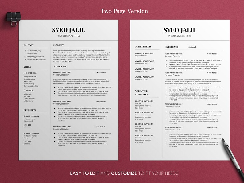 Clean Modern Executive Resume Template for Word google Docs - Etsy