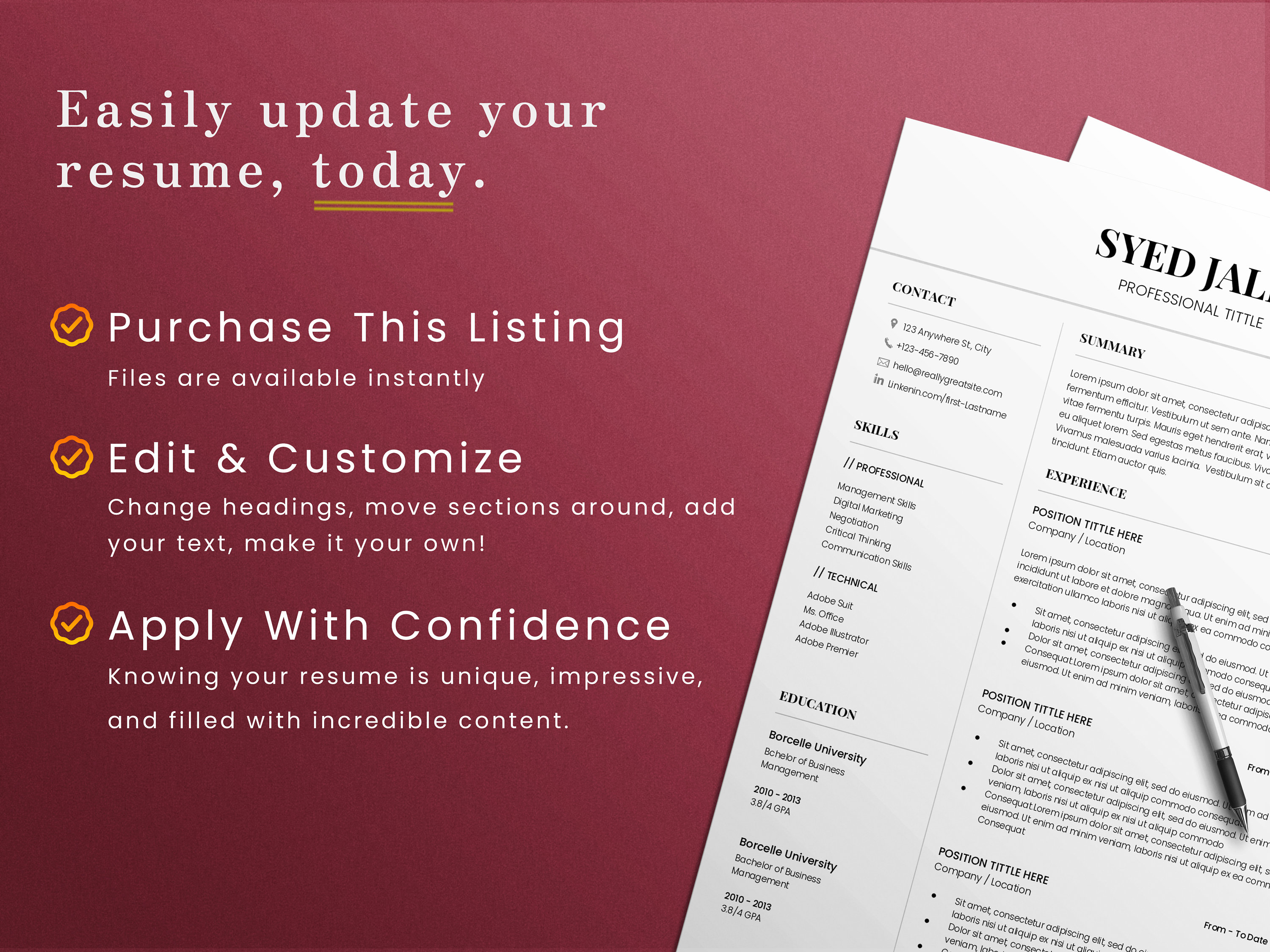 Clean Modern Executive Resume Template for Word google Docs - Etsy