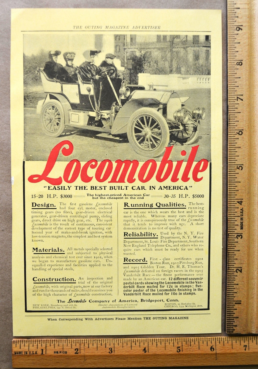 Original Antique 1906 Locomobile Car Ad, Yellow Page Vintage Automobile ...