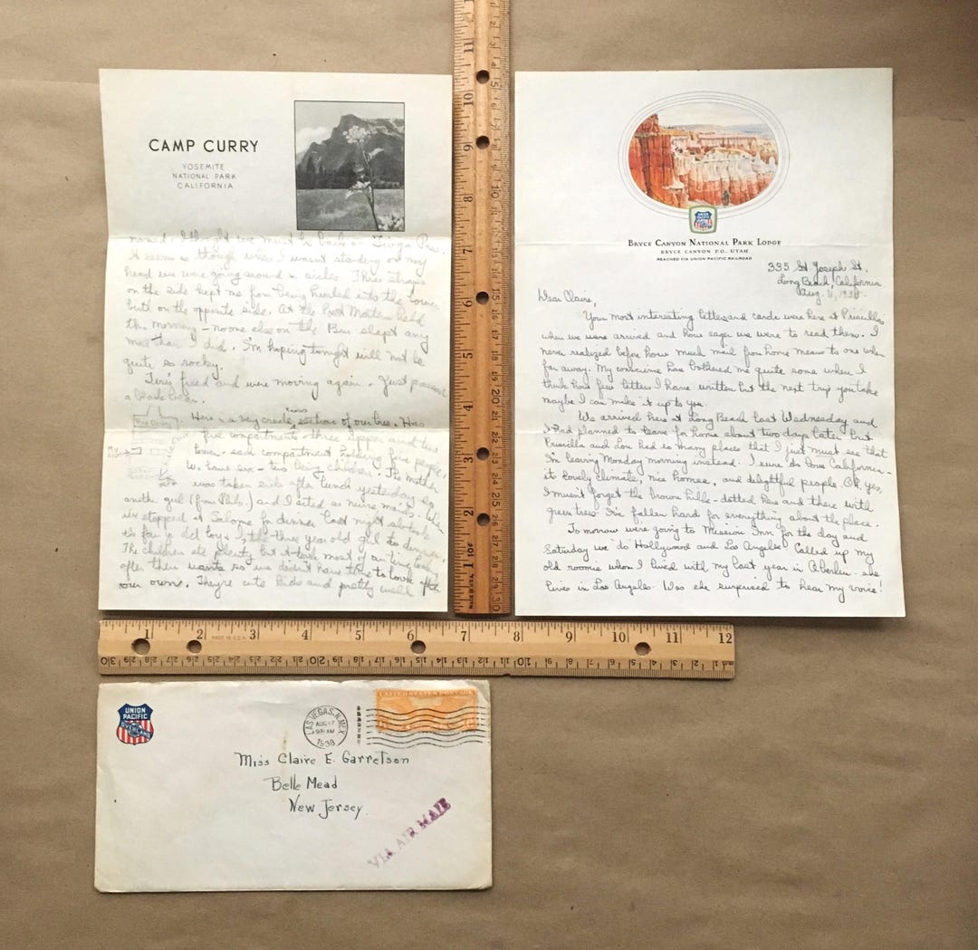 Vintage 1938 Letters Yosemite Camp Curry CA & Bryce Canyon Utah ...