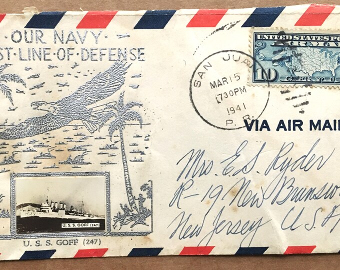 Vintage WWII 1941 US Navy Air Mail Envelope, Crosby, USS Goff Destroyer ...