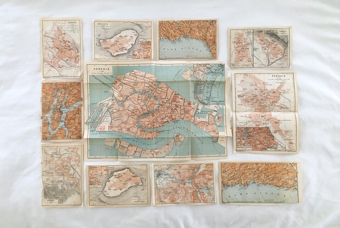 10 Antique 1909 Baedeker Maps, Italy, Small One-sided Color Travel Book ...