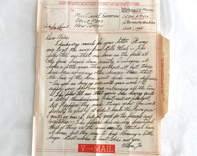 Authentic Original WWII V-mail June 1 1944, Full Size, Military ...
