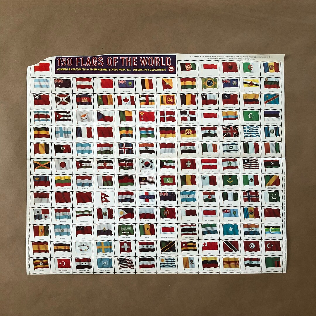 1965 Full Page 150 Flags of the World Stamps, Gummed and Perforated ...