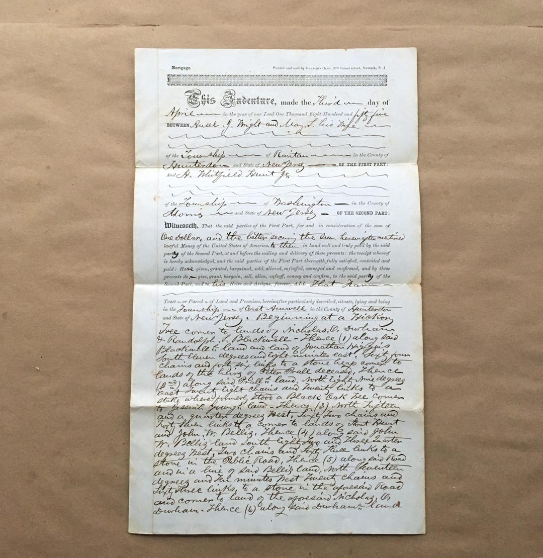 Antique Victorian Document 1855 Handwritten Mortgage Indenture, Raritan ...