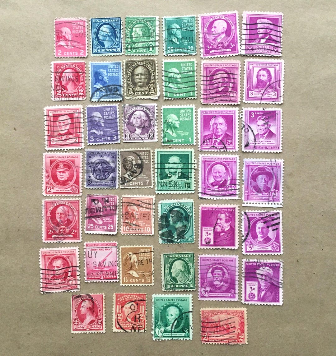 Vintage US Stamps, Canceled Postage Stamps, Rainbow Colors, Hand ...