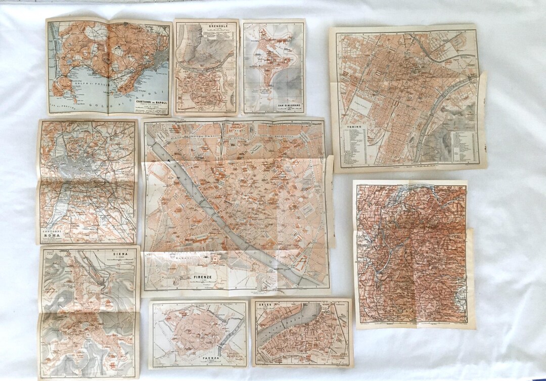 10 Antique 1909 Baedeker Maps, Italy, Small One-sided Color Travel Book ...