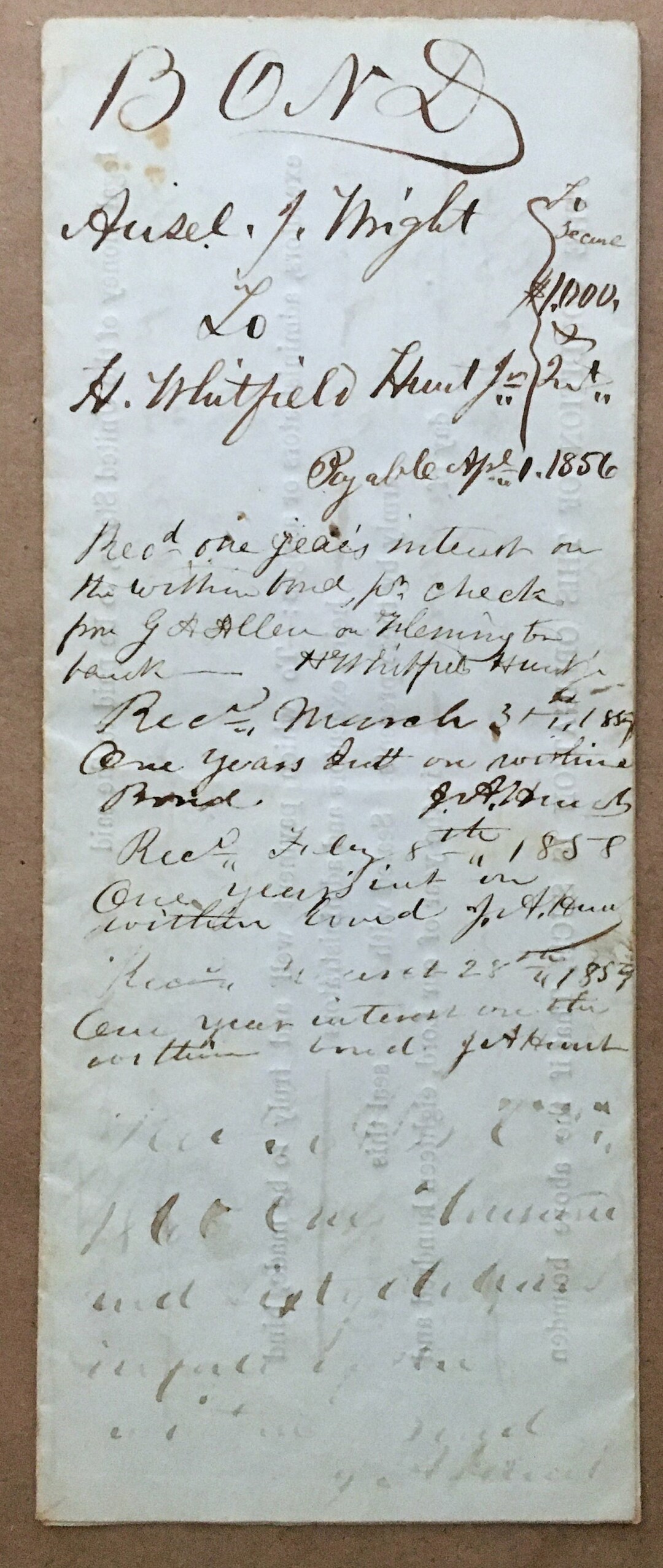 Antique 1855 Handwritten Bond, Legal Document, Hunterdon NJ Wright ...