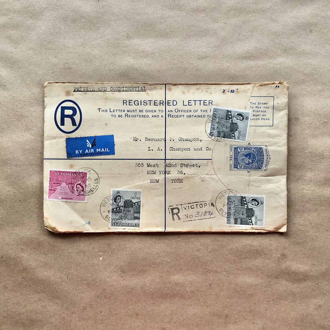 1957 Vintage Envelope ROYAL STAMPS, Registered Letter, Seychelles Air ...