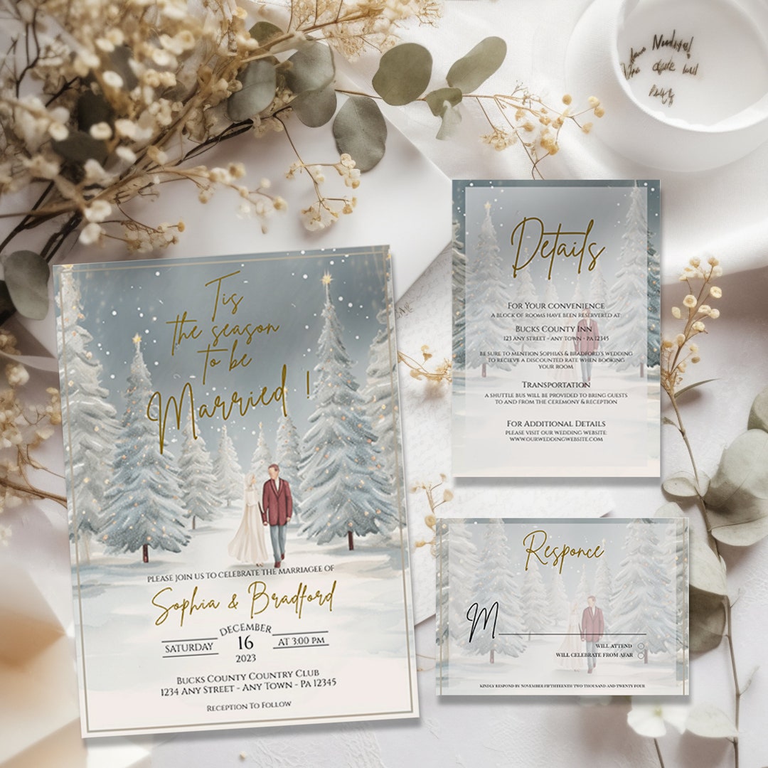Christmas Wedding Invitation, 3 Piece Set Winter Wedding Invitation ...