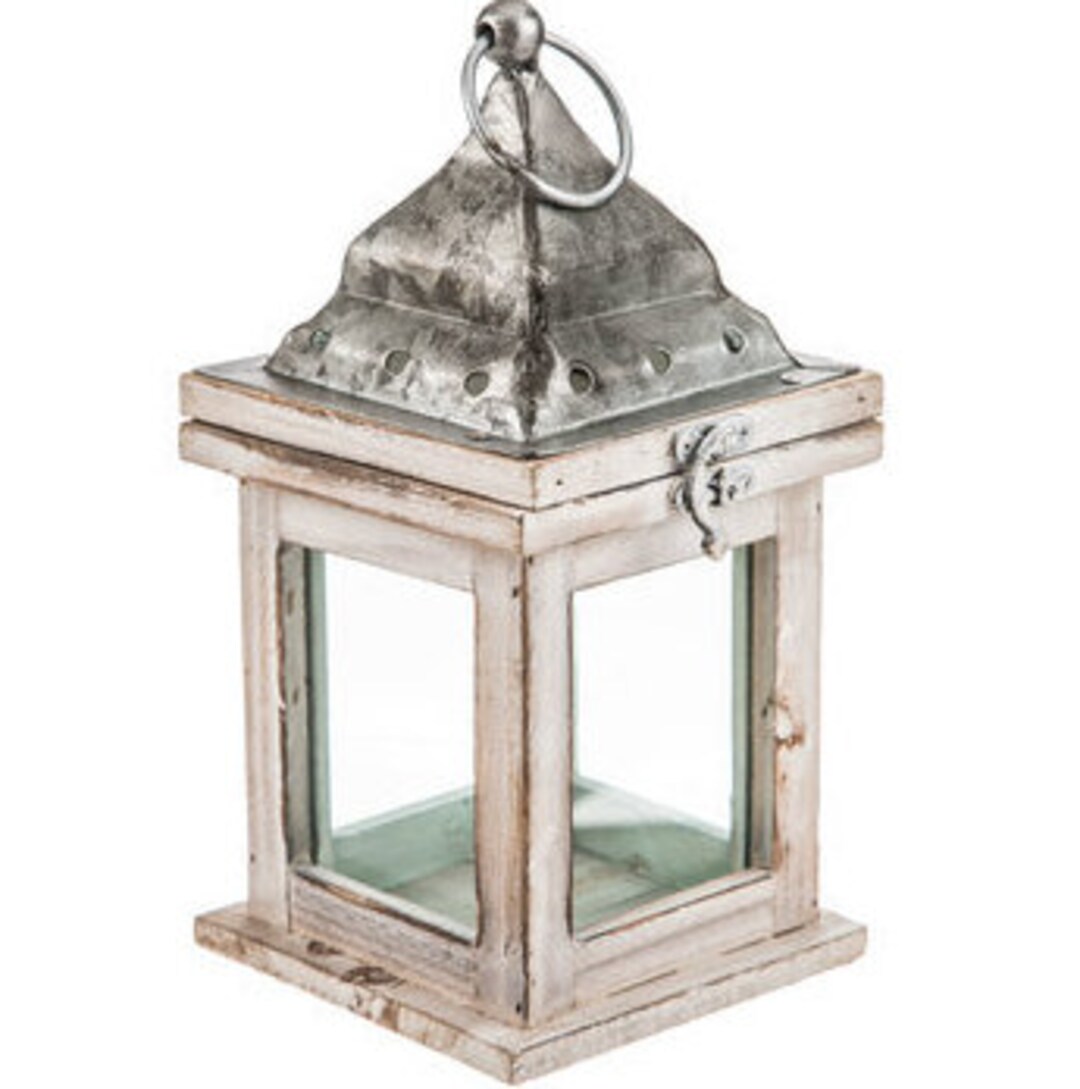 White Distressed Wood Lantern, White Lantern With Galvanized Metal Top ...
