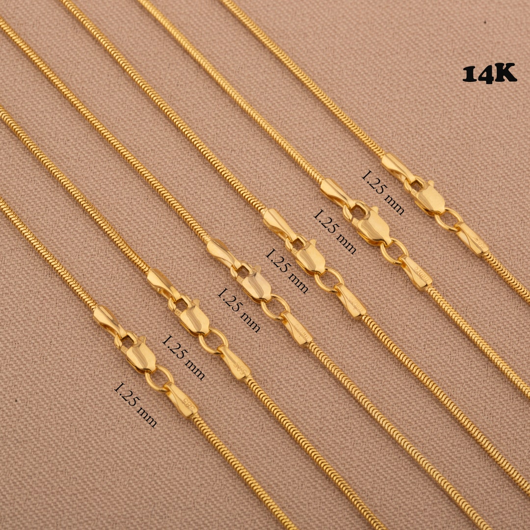 14K Solid Gold Round Snakechain Necklace - Solid Gold 1.25mm Snakechain ...