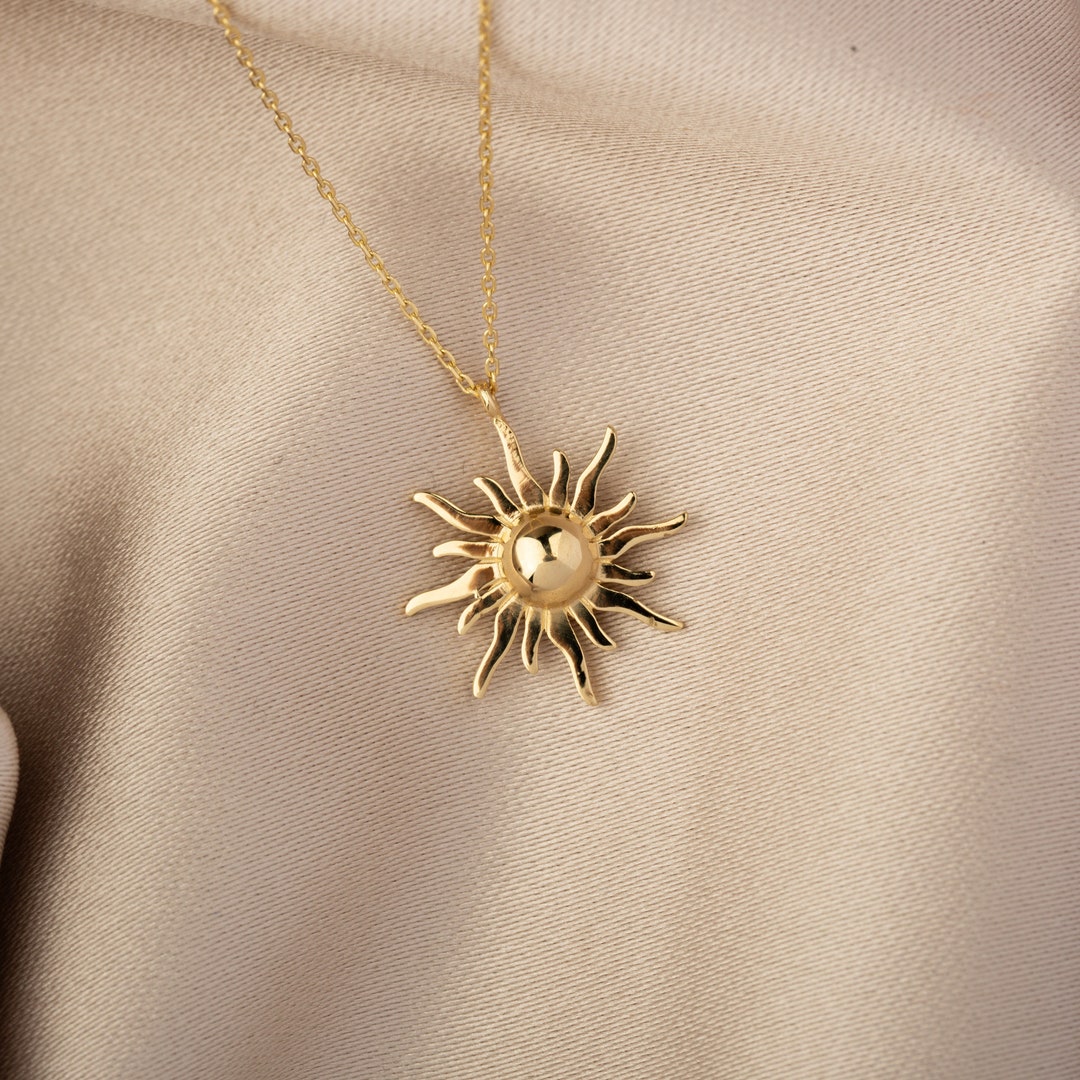 14k Solid Gold Sunburst Necklace-elegant Sun Charm Rose Gold-white Gold ...