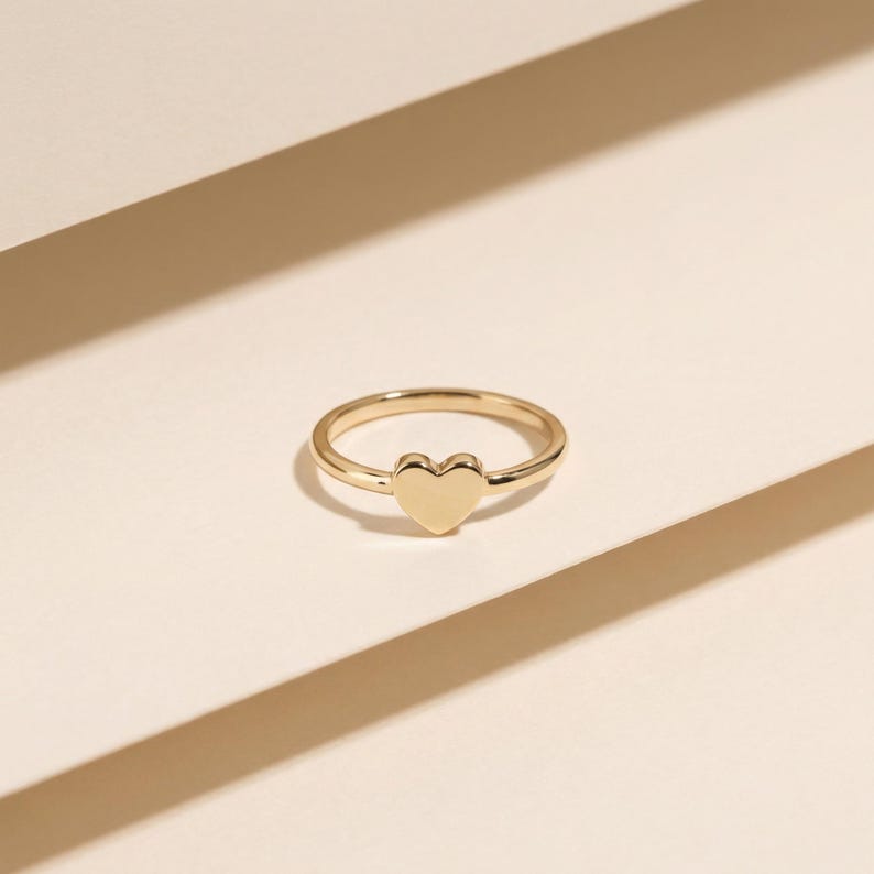 14K Solid Gold Heart Ring: Skinny Stacking Band - Etsy