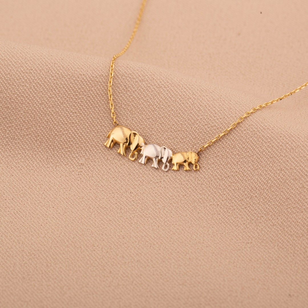 14k Solid Gold Elephants Necklace-cute Elephant Necklace-14k Gold ...