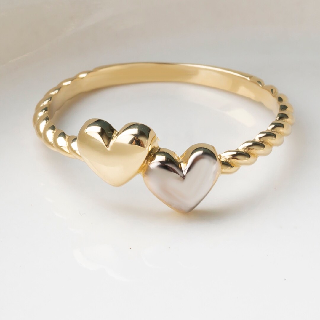 14K Solid Gold Double Hearts Ring: Handmade Love Ring - Etsy