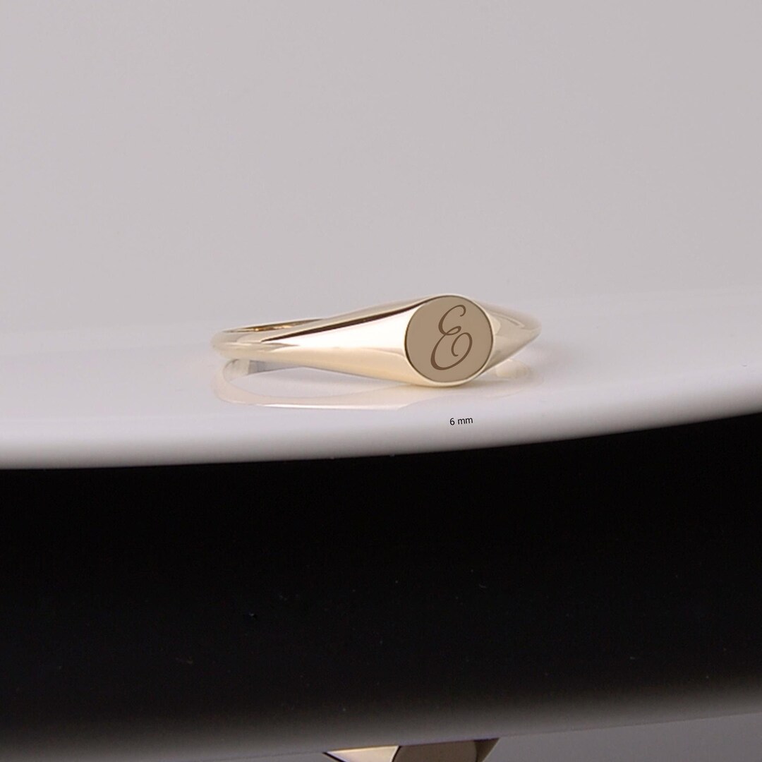 14K Solid Gold 6mm Signet Rings, Engraved 6mm Signet Ring, Solid Gold Monogram Ring, Circle ...