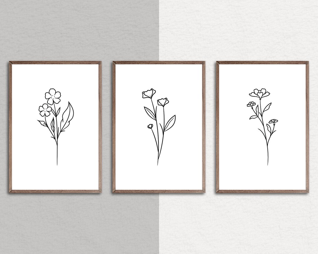 Flower Line Art, Set of 3, Botanical Print Set, Floral Line Art, Flower ...