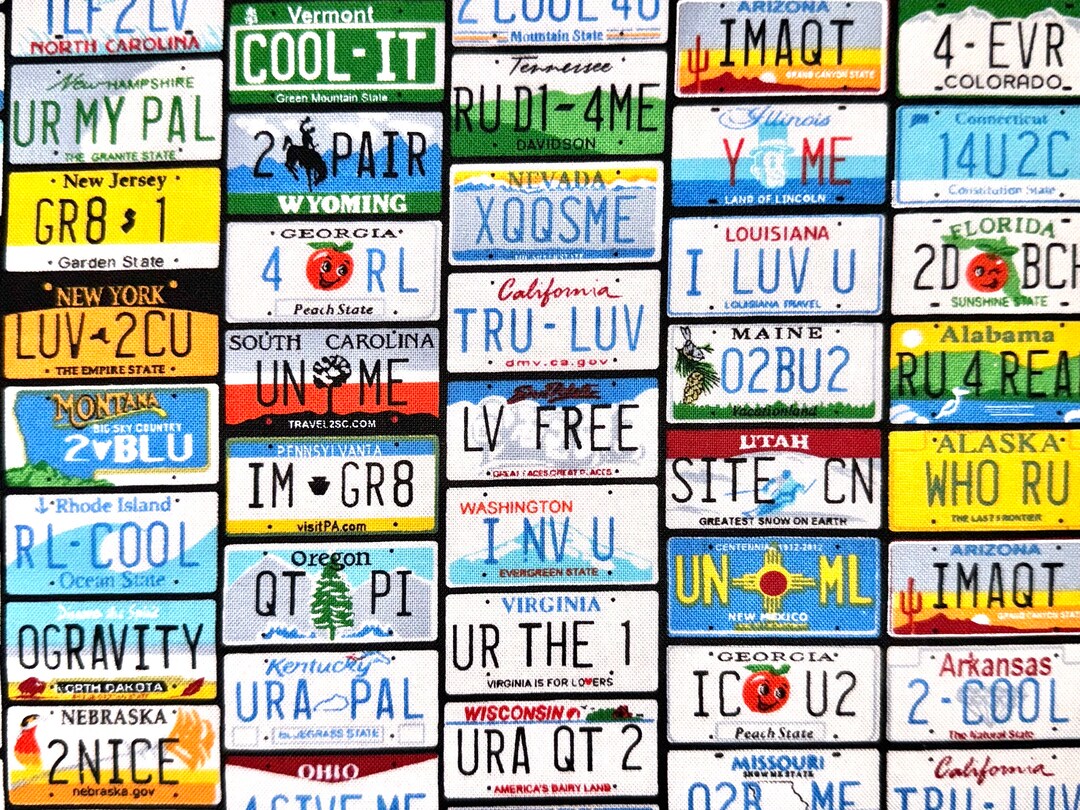 License Plate Fabric Travel Road Trip, Half Yard travel Fabric, State ...