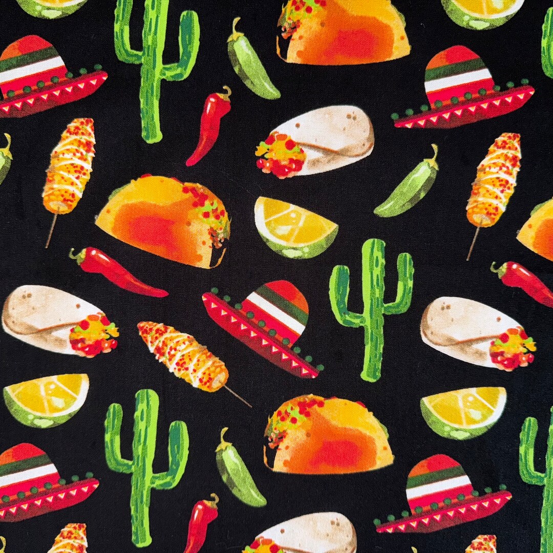 Taco Fabric Cotton Mexican Food Fabric Black Toss (fat Quarter, Half ...