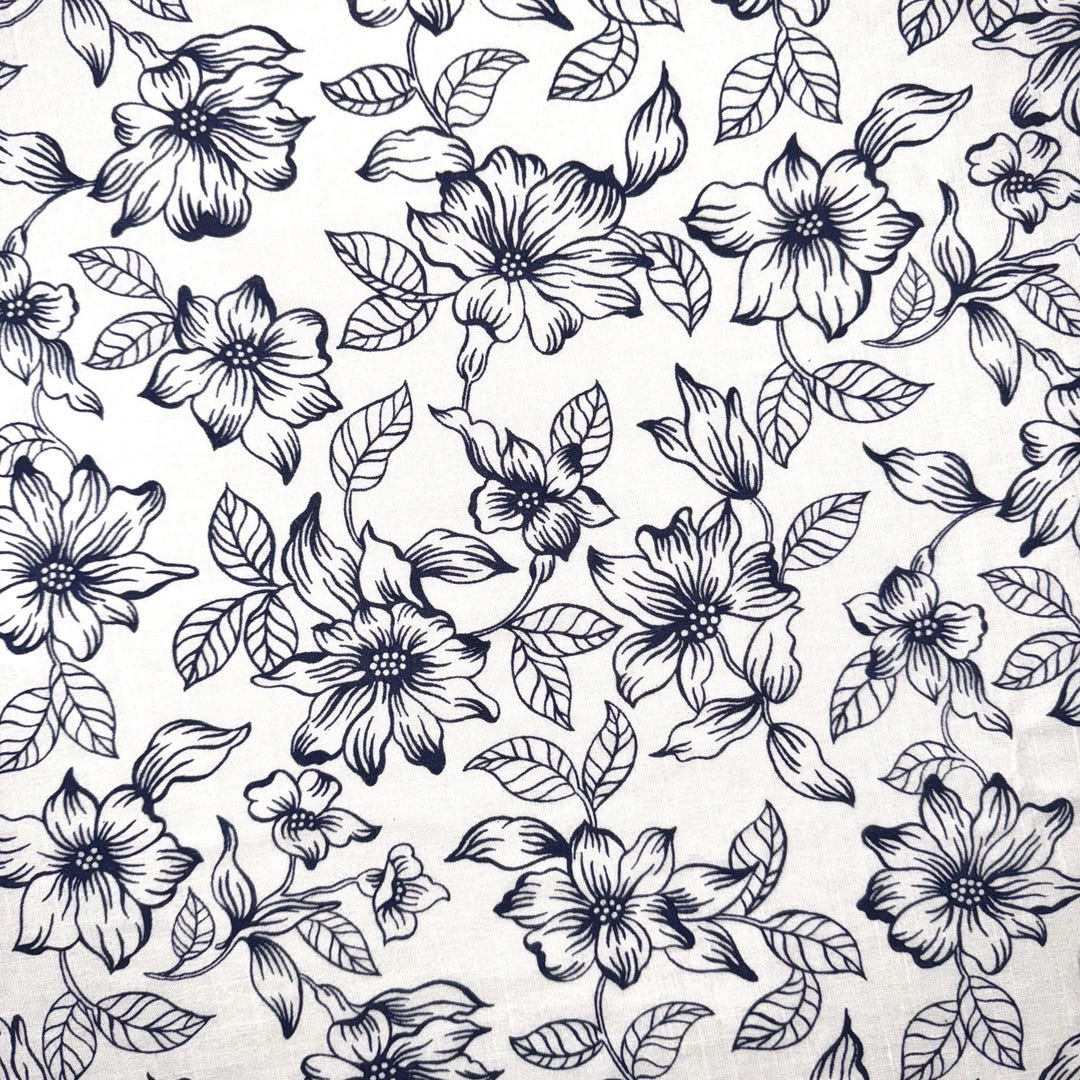 Navy & White Floral Linen Fabric by the Half Yard, 44” Width, Flower - Etsy