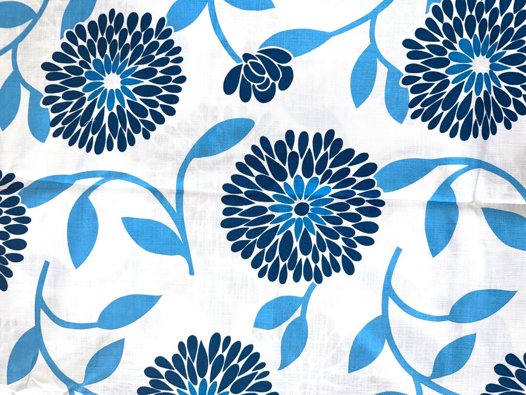 White & Blue Flower Linen Fabric by the Half Yard, 54” Width, Floral ...