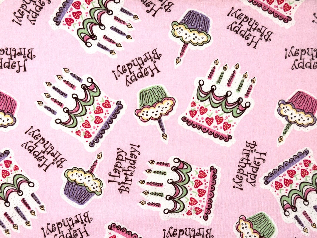 Happy Birthday Pink Glitter Fabric 14x42 continuous Cut, Cotton, Rare ...