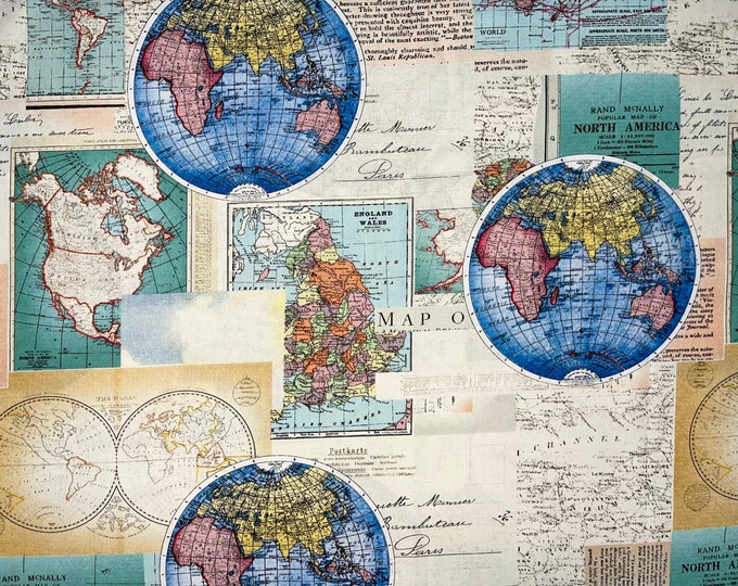 World Maps Fabric by David Textiles 17”x42” (cotton, Vintage, Collage ...