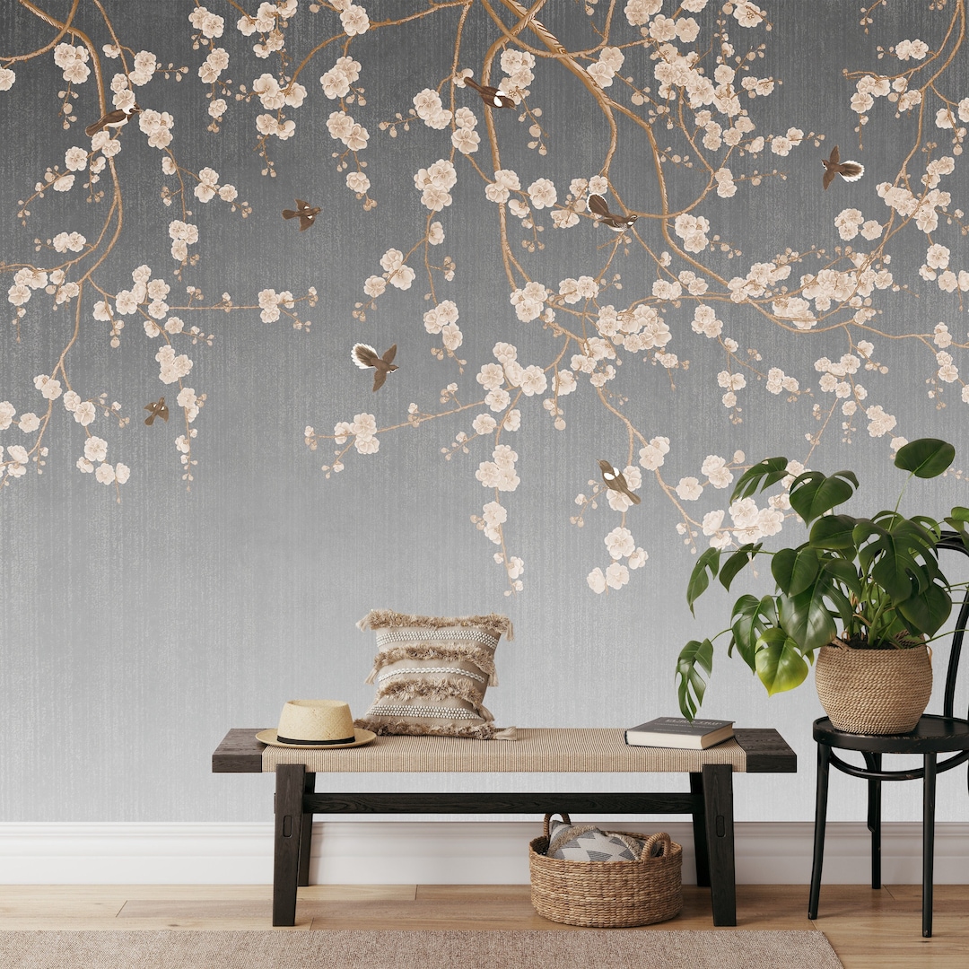 Chinoiserie Wallpaper Vintage With Birds, Peel and Stick Gray ...