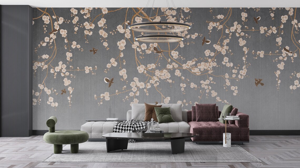 Chinoiserie Wallpaper Vintage With Birds, Peel and Stick Gray ...
