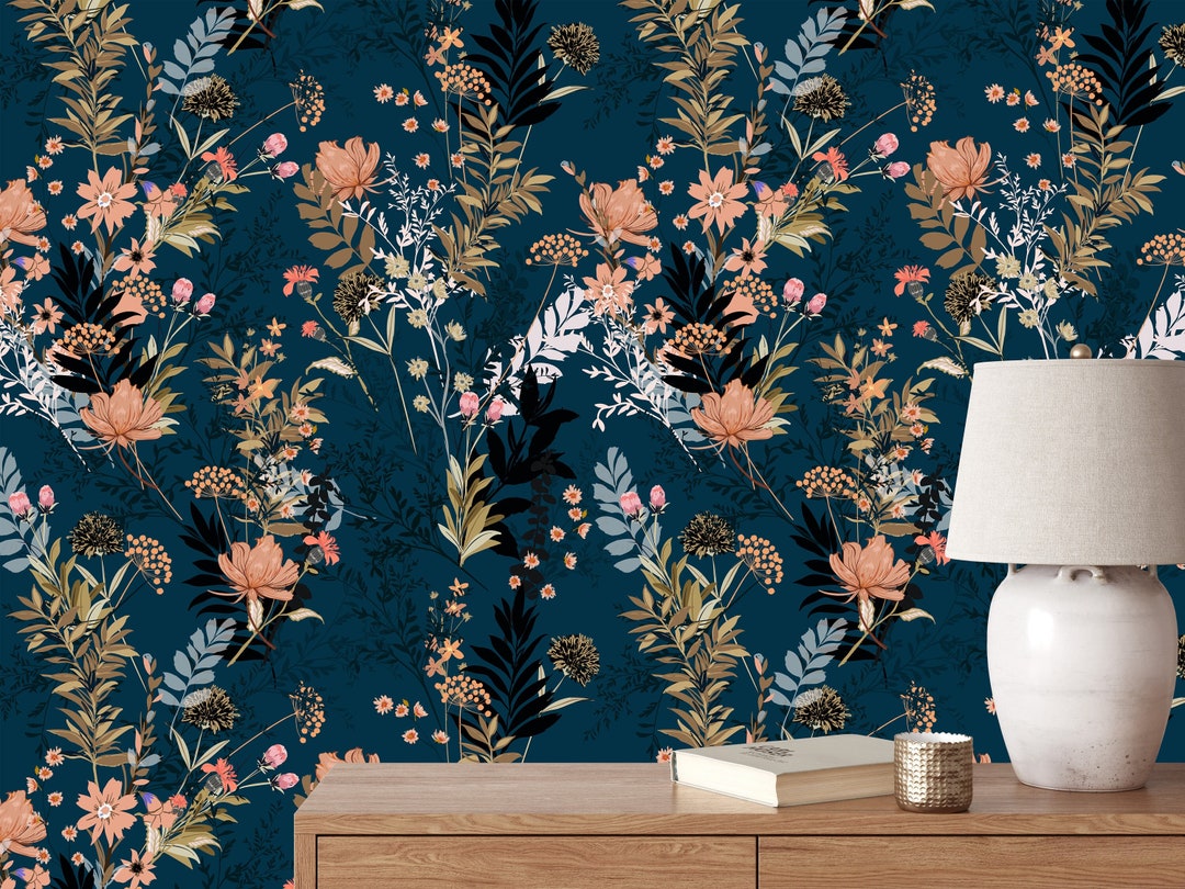 Watercolor Dark Blue Botanical Wallpaper, Peel and Stick Floral ...