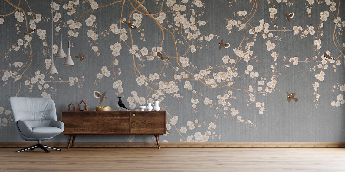 Chinoiserie Wallpaper Vintage With Birds, Peel and Stick Gray ...