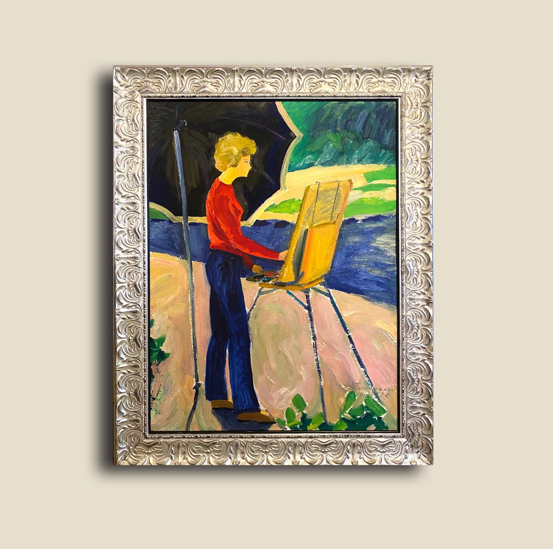 Portrait of Woman Painter Working Vintage Painting 1973 Original Oil Artwork Plein Air Painter ...