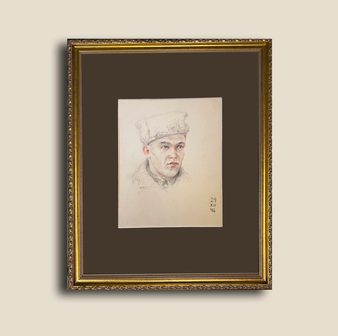 Vintage Male Portrait Original Drawing 1946, Framed Pencil Artwork ...