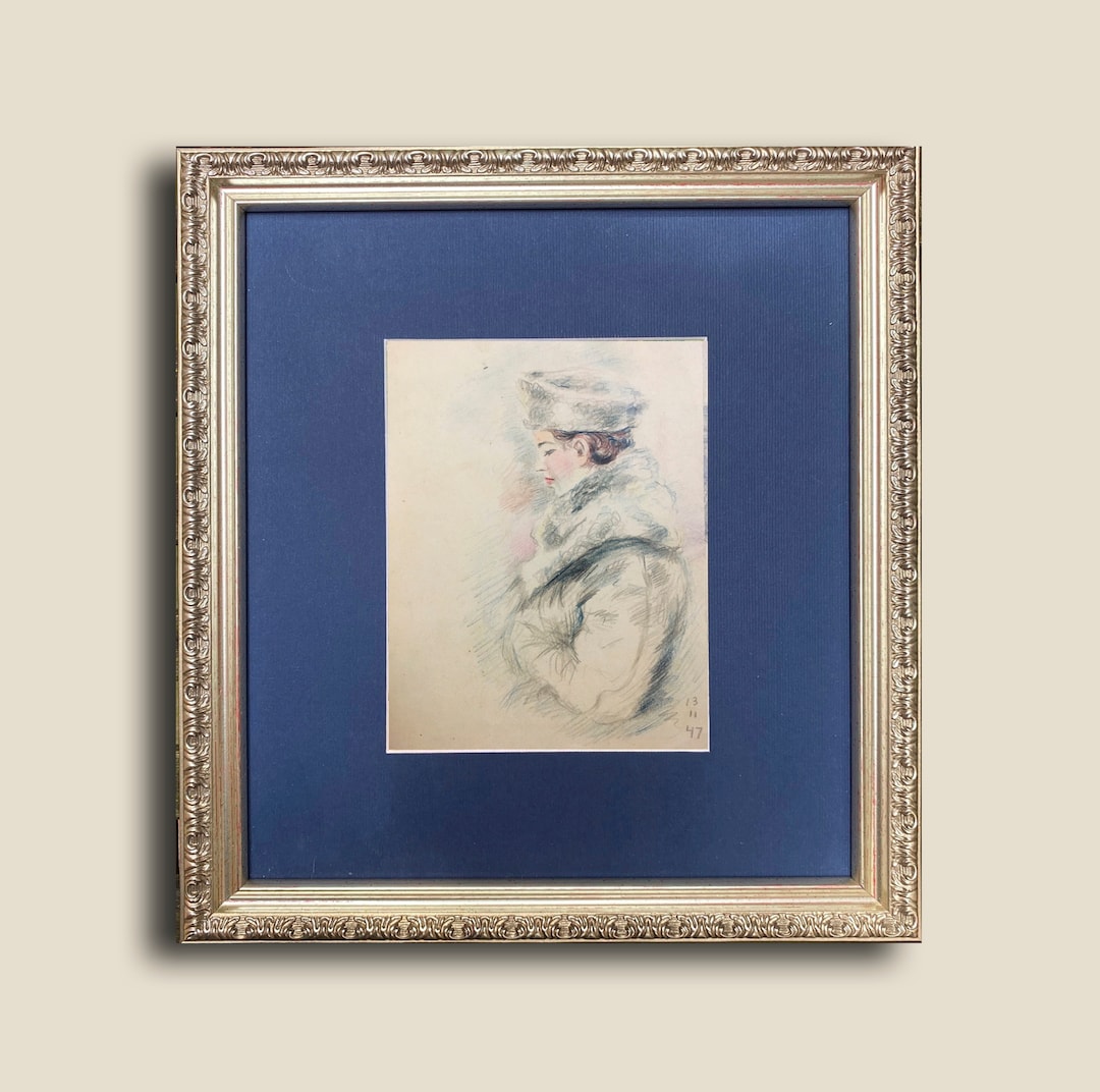 Portrait Woman in Retro Clothes Vintage Artwork From 1947 Old Drawing Original Signed and Framed ...