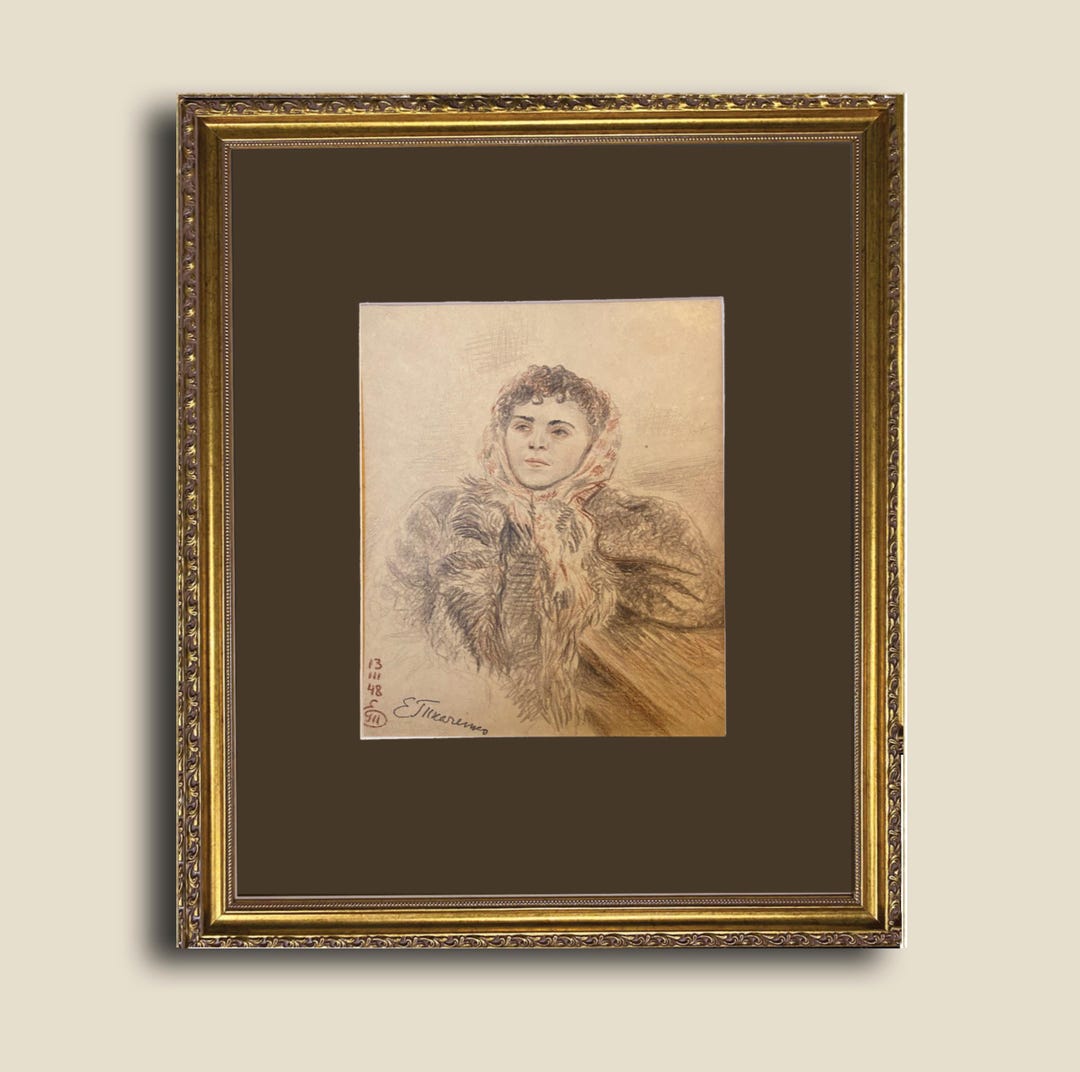 Vintage Woman in Fur Coat Original Pencil Drawing 1948, Original ...