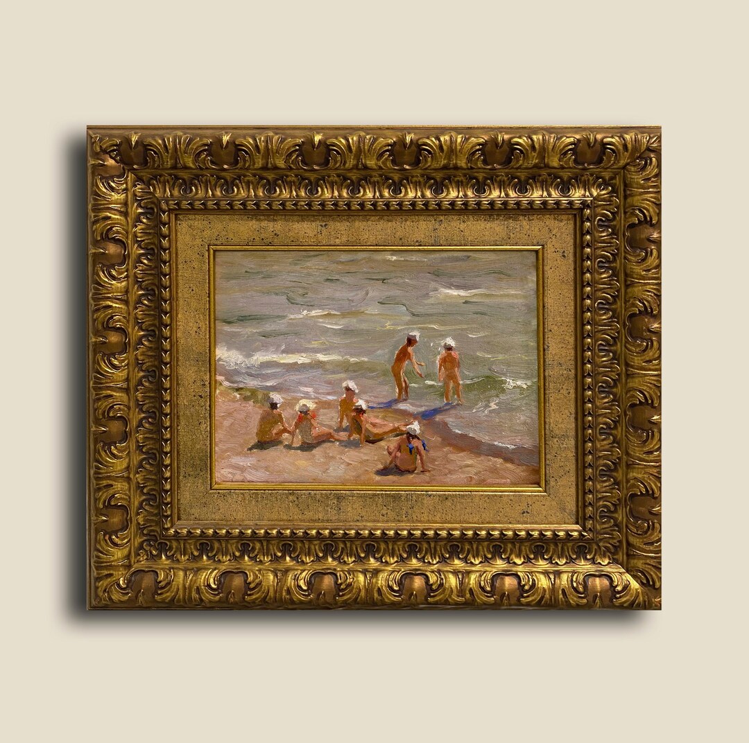 Summer Seascape, Little Bathers at the Beach, Original Vintage Landscape 1953, Ukrainian Artist ...