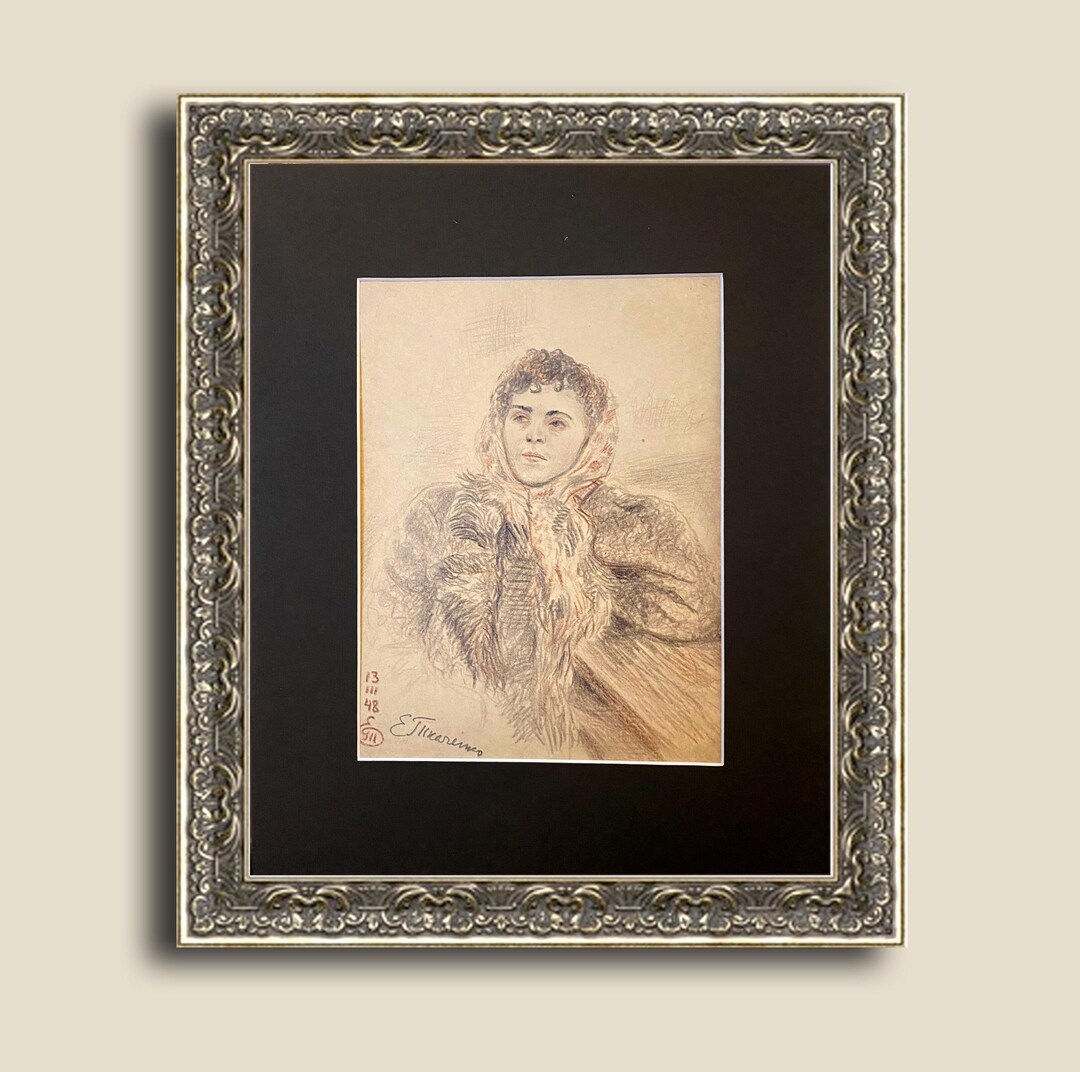 ORIGINAL Vintage 1948 Ukrainian Drawing Woman in a Fur Coat Ukrainian Artist Tkachenko Evgeniy ...