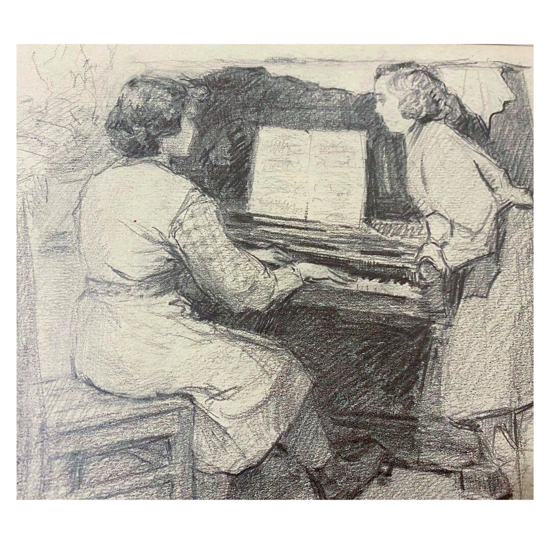 Drawing Original Old Piano Playing Vintage Sketch 1954 Genre Scene Girls Playing Piano Ukrainian ...