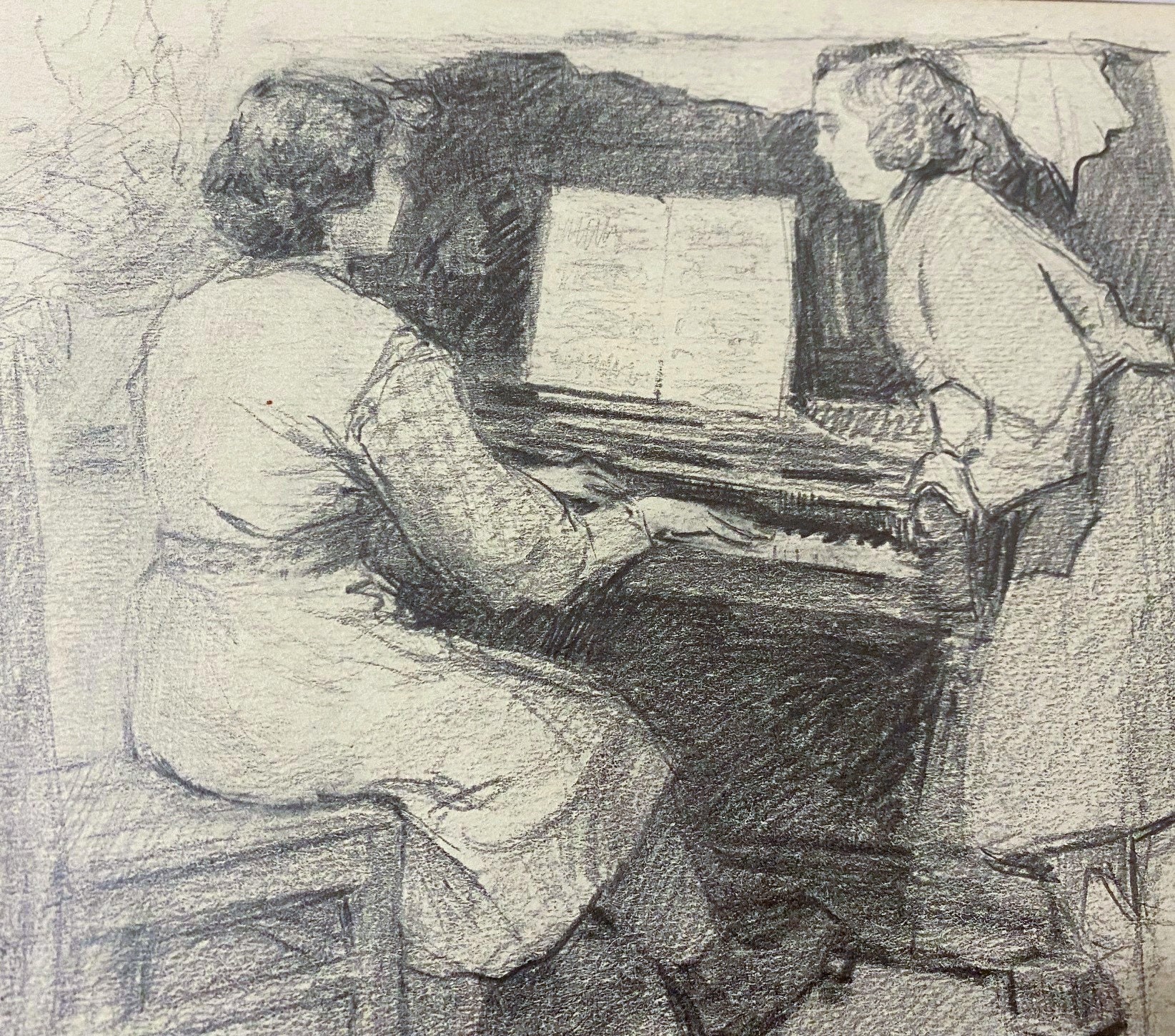 Drawing Original Old Piano Playing Vintage Sketch 1954 Genre Scene ...