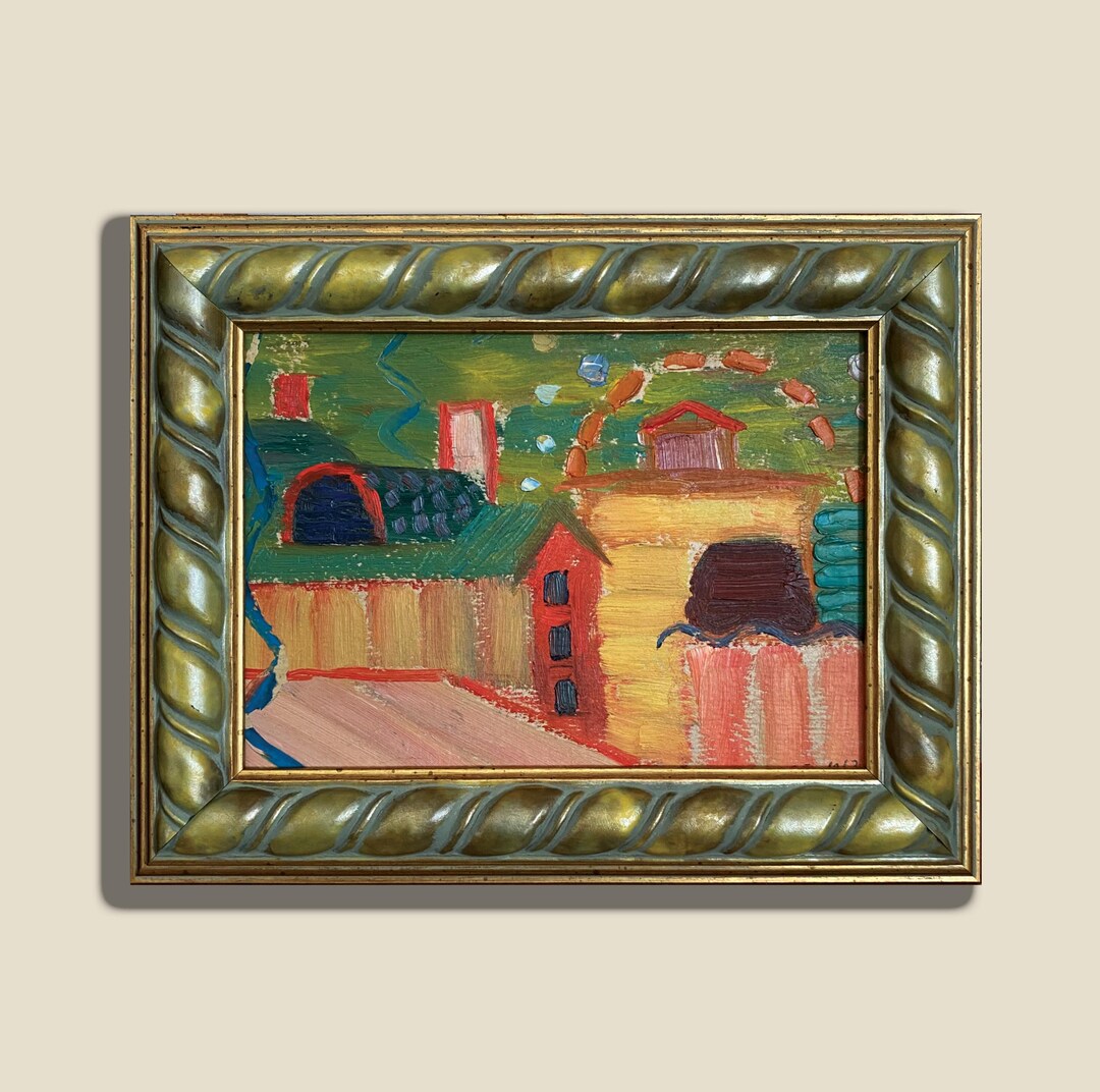 Vintage Fairy Tale Landscape Painting, Small Original Oil on Cardboard, 1963, Colorful Village ...