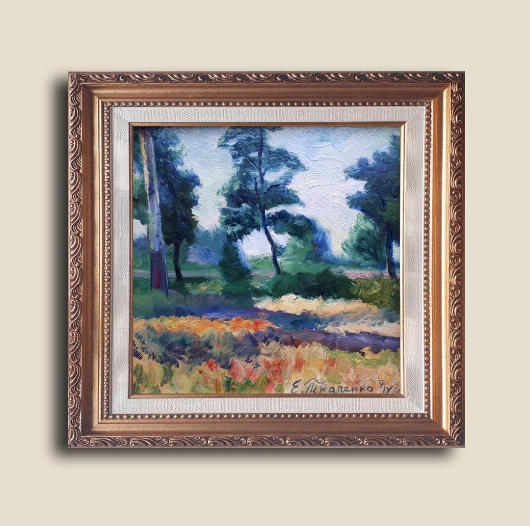 Landscape Pine Trees, Original Oil, Vintage Painting 1948, Fine Art Painting, Ukrainian Artist ...