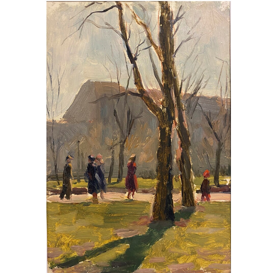 Landscape Spring in the City Vintage Oil Painting 1953 Ukrainian Art Spring Cityscape Signed in ...