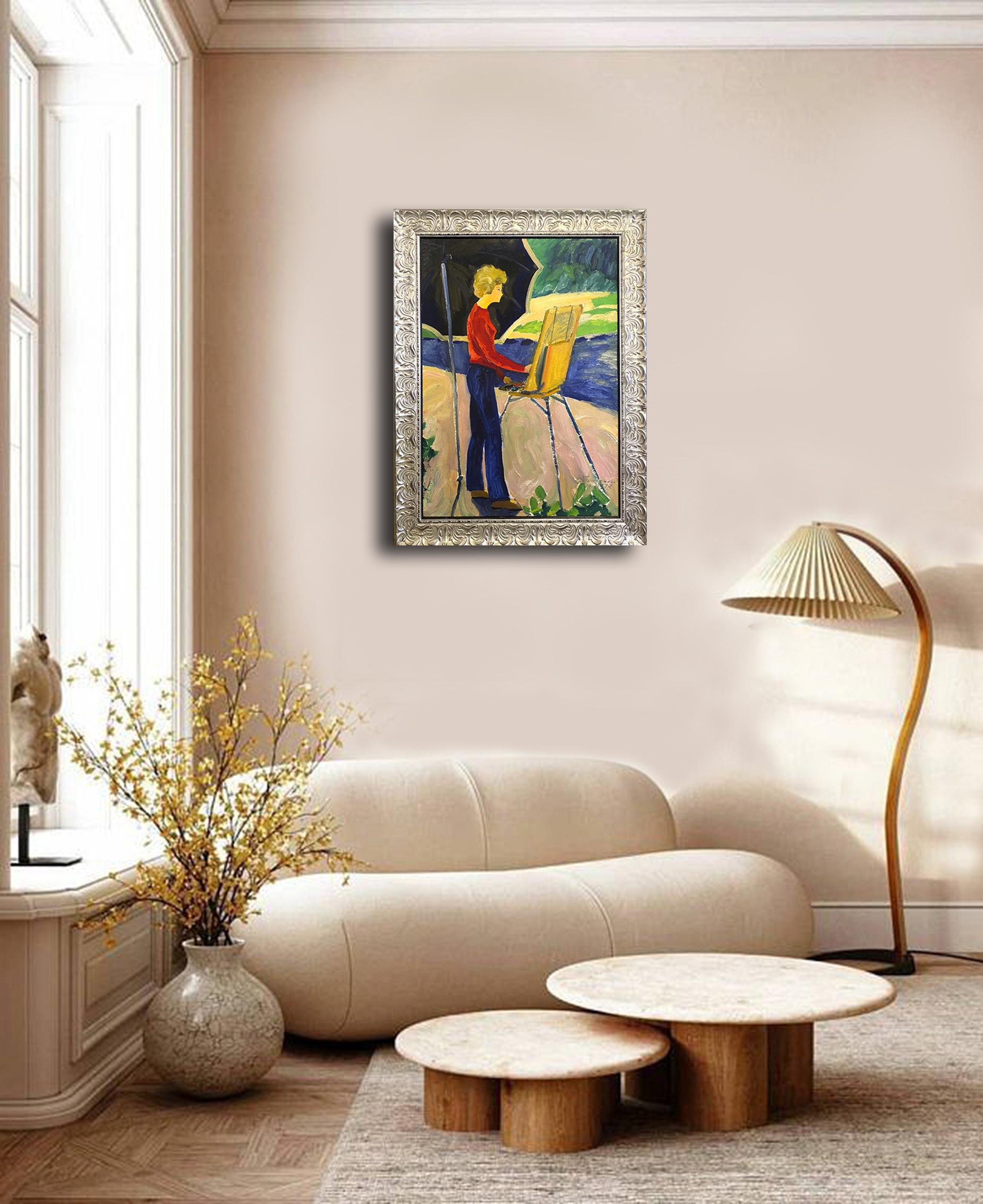 Portrait of Woman Painter Working Vintage Painting 1973 Original Oil Artwork Plein Air Painter ...