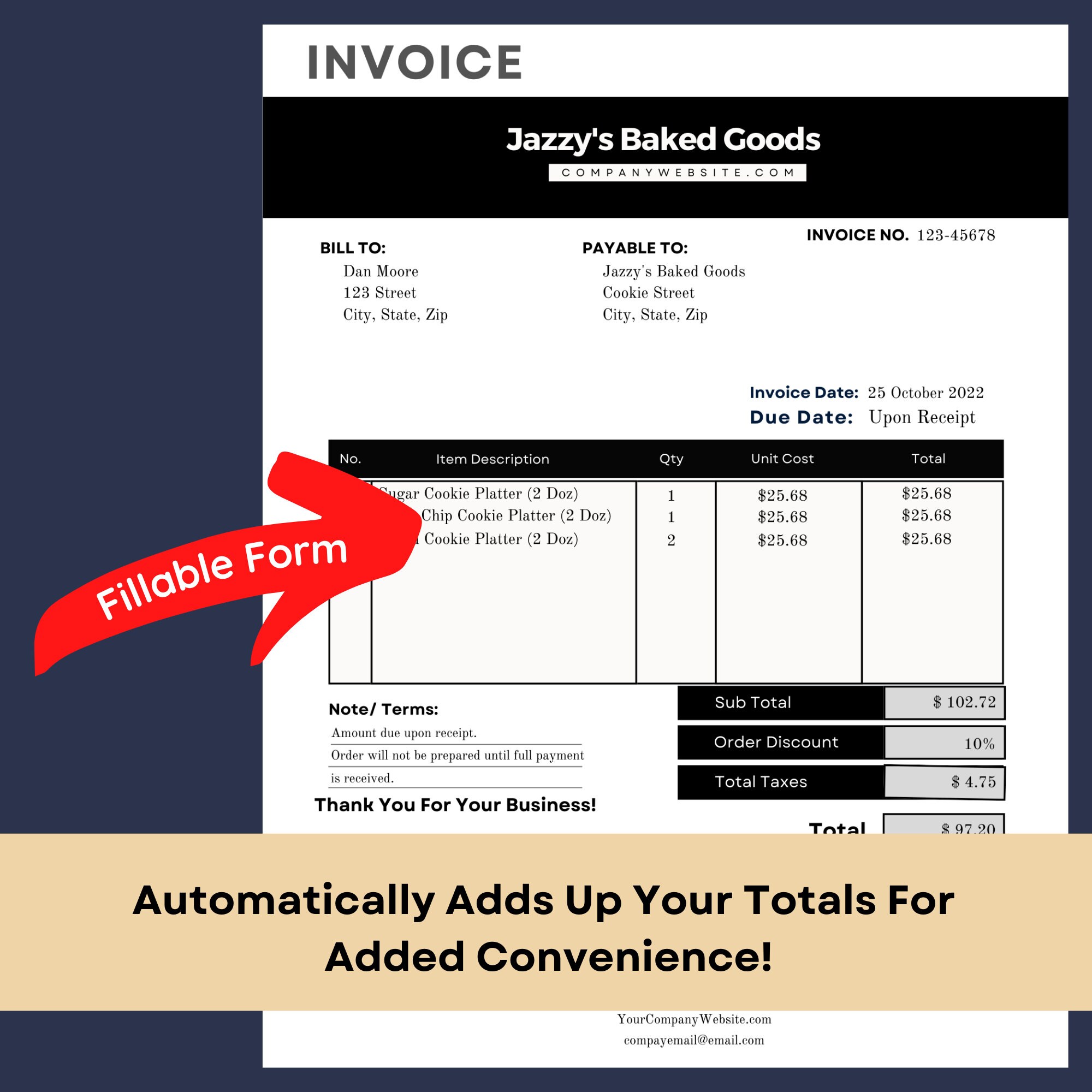 Fillable Invoice Form | Editable PDF | Automatically Calculates Totals ...