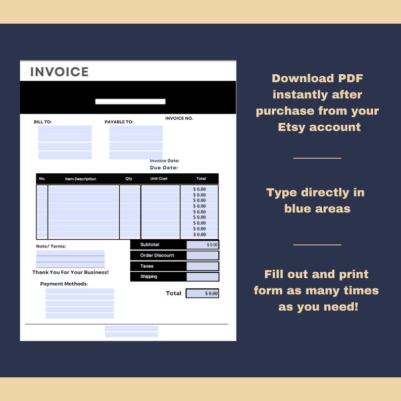 Fillable Invoice Form | Editable PDF | Automatically Calculates Totals ...