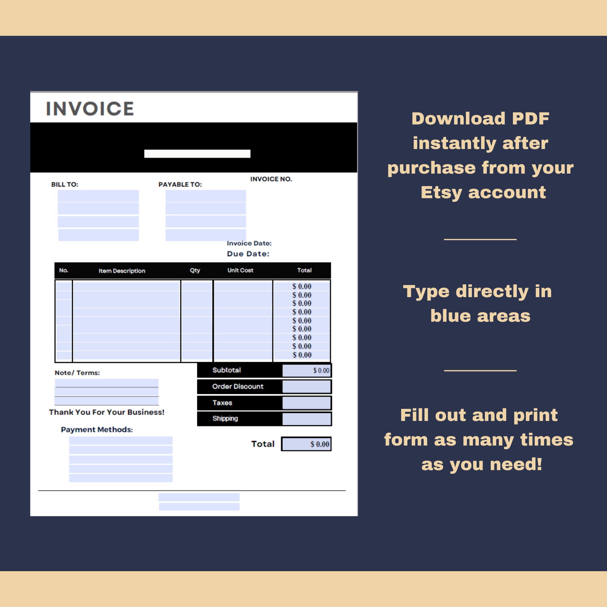 Fillable Invoice Form | Editable PDF | Automatically Calculates Totals ...